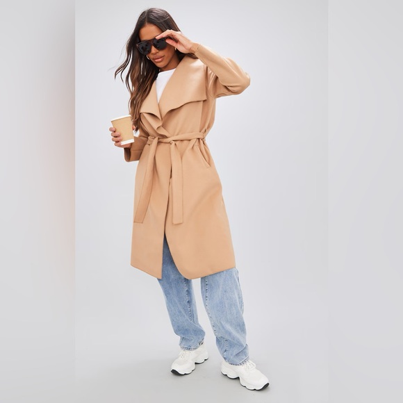 PrettyLittleThing | Jackets & Coats | Plt Camel Veronica Waterfall Tie ...